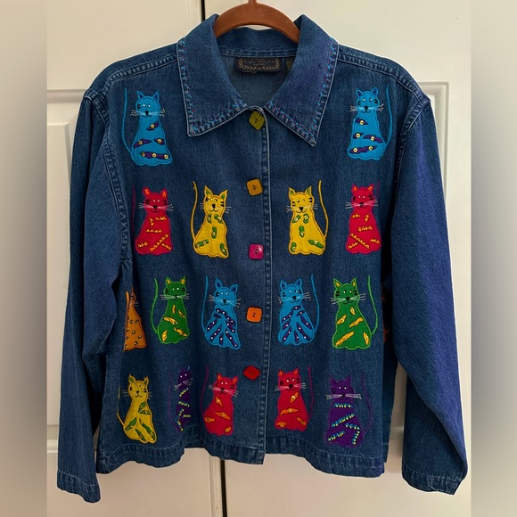 Vintage | Tops | Vintage Colorful Cat Appliqu Denim Shirt Jacket Petite ...
